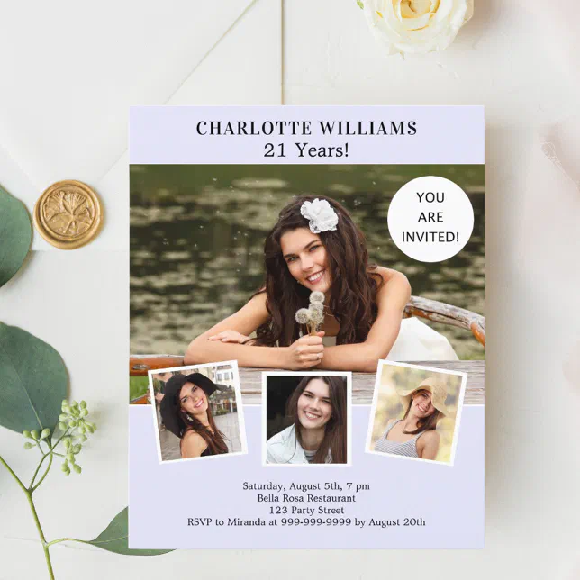 Lavender photo collage birthday invitation | Zazzle