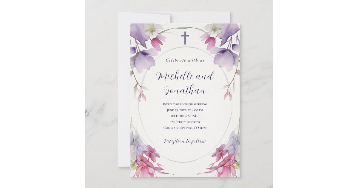 Lavender Pink Floral Bible Christian Cross Wedding Invitation | Zazzle