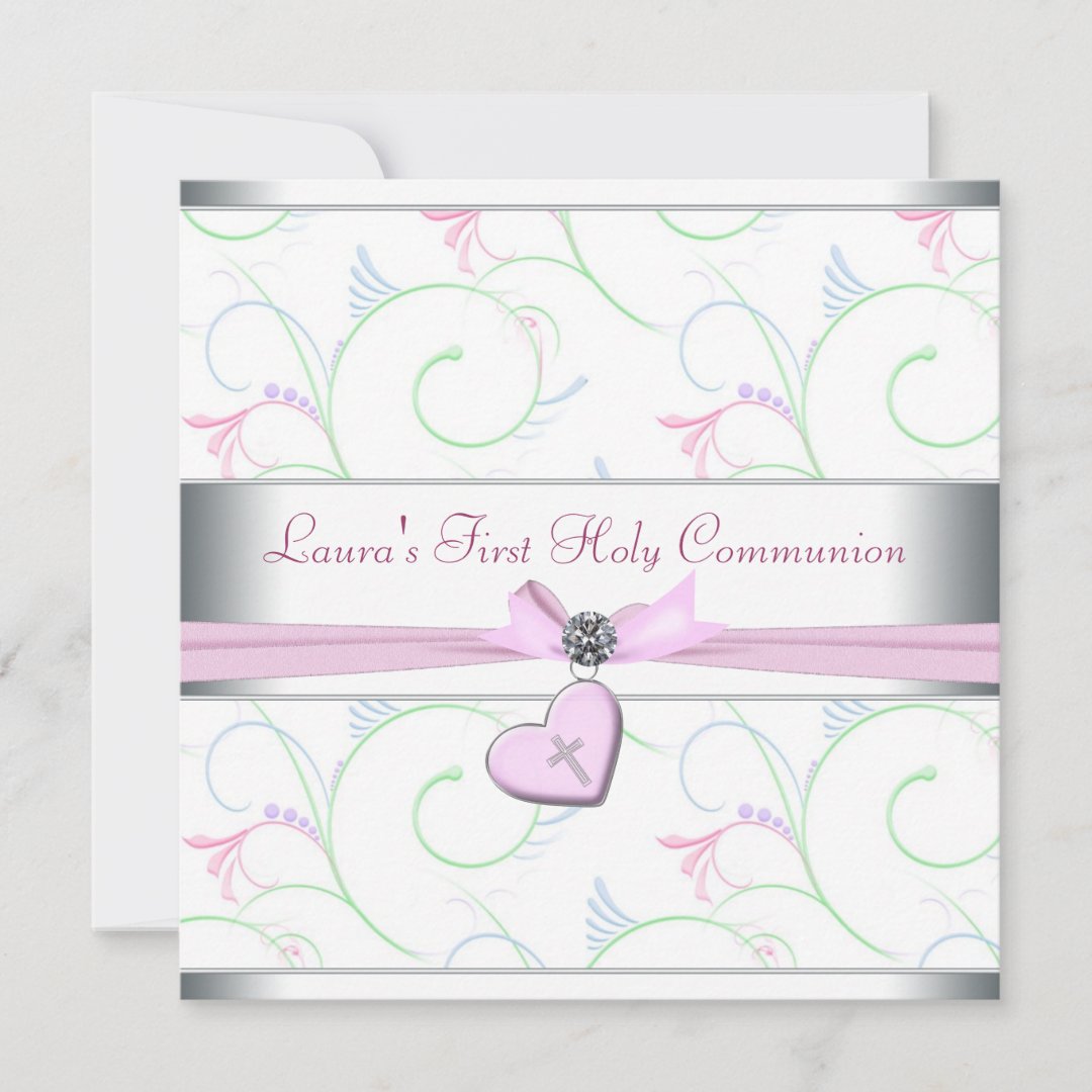 Lavender Pink Heart Pink Cross First Communion Invitation | Zazzle