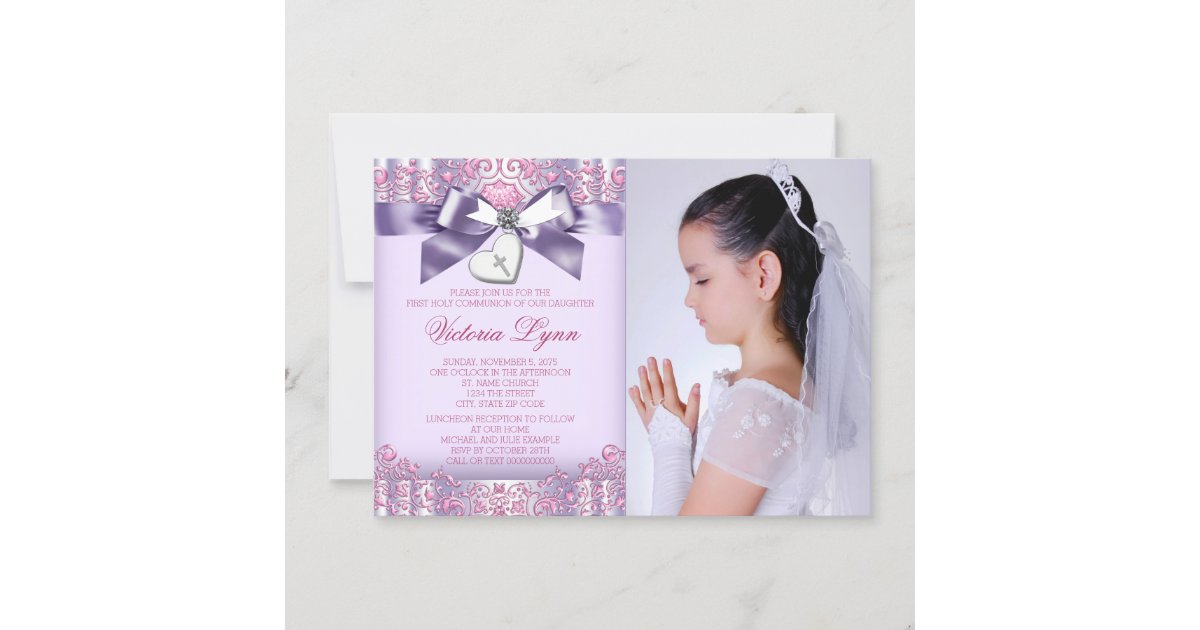 Lavender Pink Photo First Communion Invitation | Zazzle