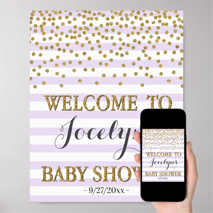 Lavender Purple and Gold Girl Baby Shower Welcome Poster | Zazzle