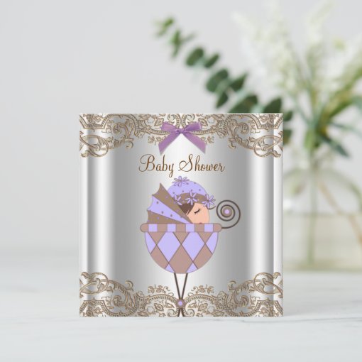 Lavender Purple Brown Lace Girl Baby Shower Invitation | Zazzle