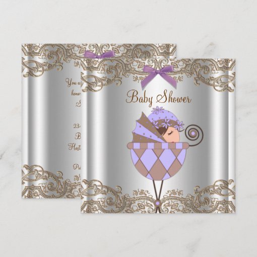 Lavender Purple Brown Lace Girl Baby Shower Invitation | Zazzle