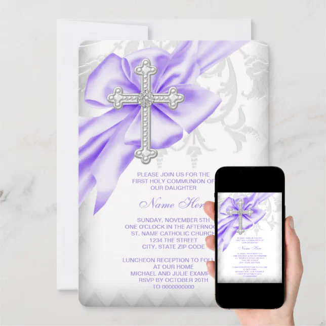 Lavender Purple Damask Cross First Communion Invitation | Zazzle