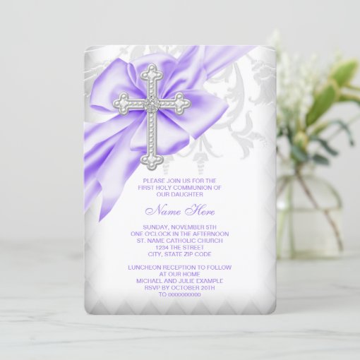 Lavender Purple Damask Cross First Communion Invitation | Zazzle