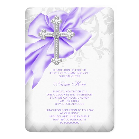 Lavender Purple Damask Cross First Communion Invitation | Zazzle.com