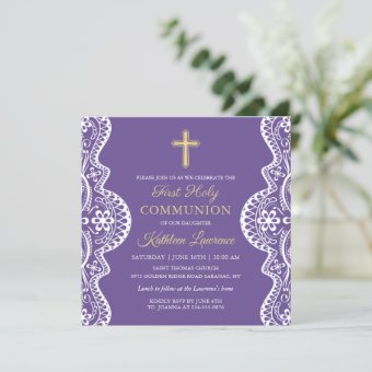 Lavender Purple Elegant Lace First Holy Communion Invitation | Zazzle