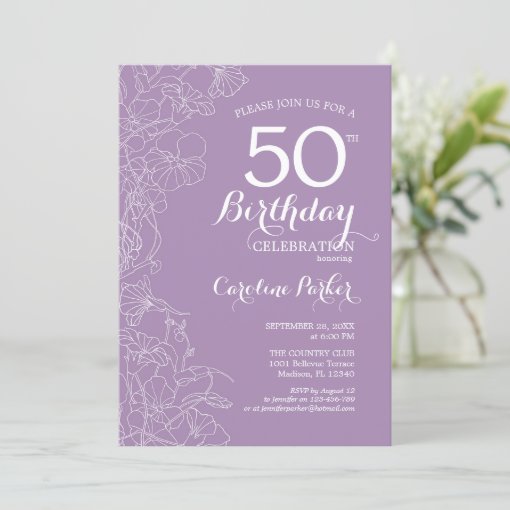 Lavender Purple Floral 50th Birthday Party Invitation | Zazzle