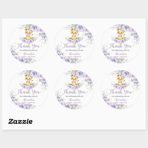 Lavender Purple Floral Lion Cub Baby Shower Classic Round Sticker | Zazzle