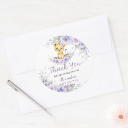 Lavender Purple Floral Lion Cub Baby Shower Classic Round Sticker | Zazzle