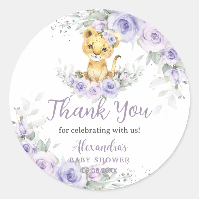 Lavender Purple Floral Lion Cub Baby Shower Classic Round Sticker | Zazzle