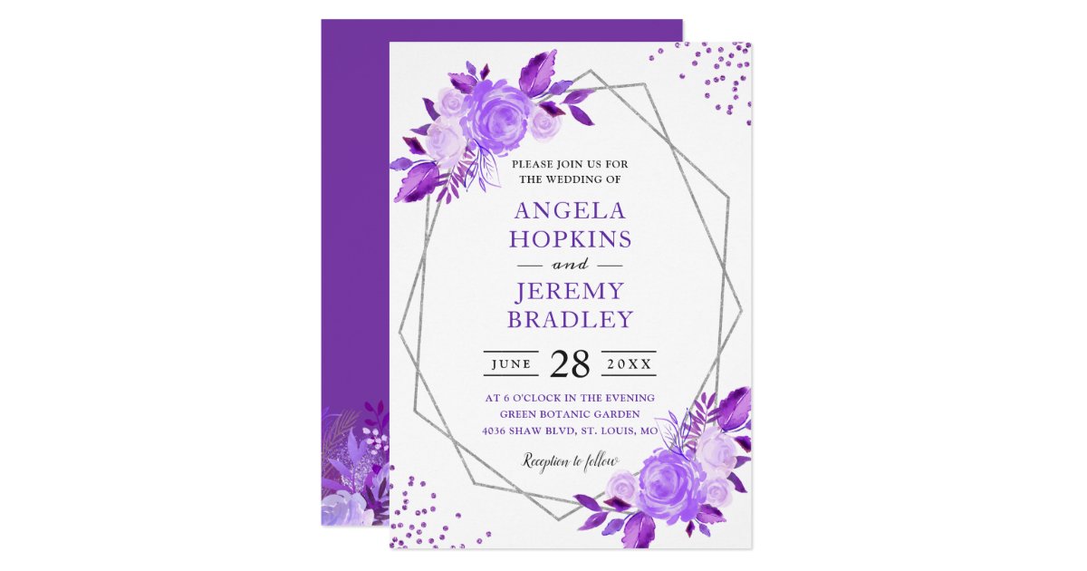 Lavender Purple Floral Modern Silver Frame Wedding Invitation | Zazzle.com