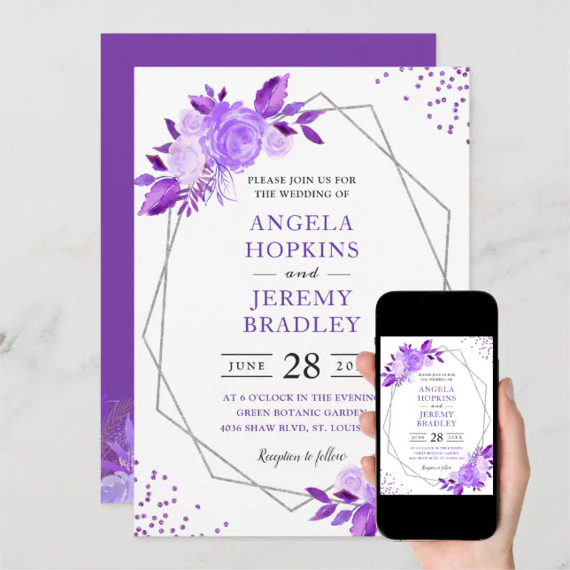 Lavender Purple Floral Modern Silver Frame Wedding Invitation | Zazzle