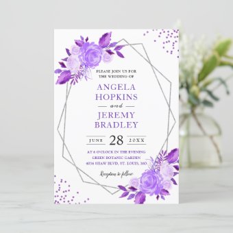 Lavender Purple Floral Modern Silver Frame Wedding Invitation | Zazzle