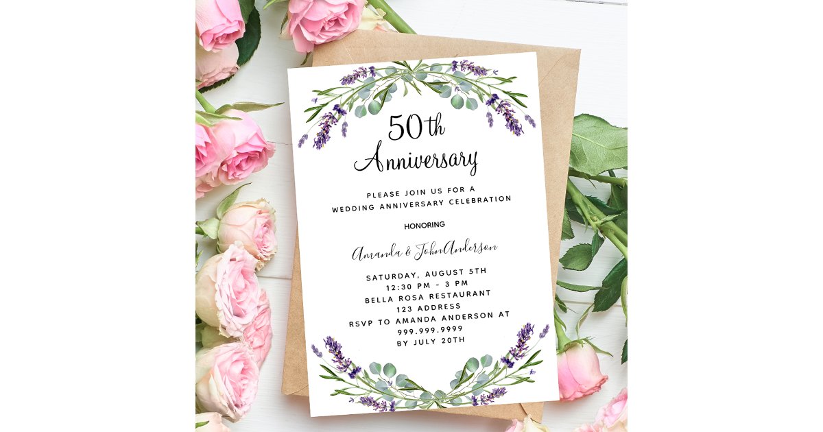 Lavender purple florals 50th wedding anniversary invitation | Zazzle