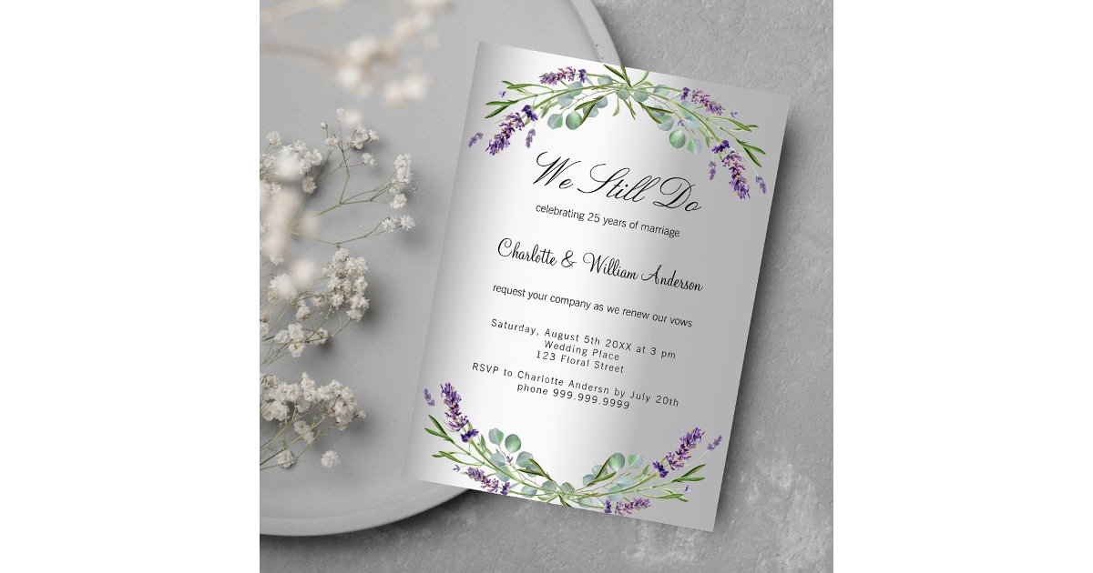 Lavender purple florals silver vow renewal wedding invitation | Zazzle