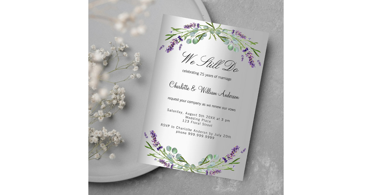 Lavender purple florals silver vow renewal wedding invitation | Zazzle