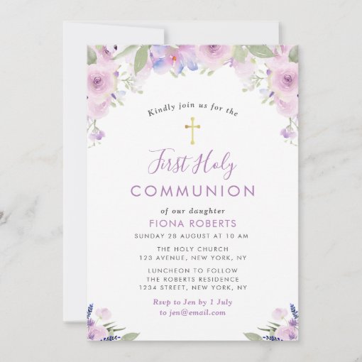 lavender purple flowers first holy communion invitation | Zazzle