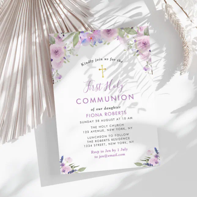 lavender purple flowers first holy communion invitation | Zazzle