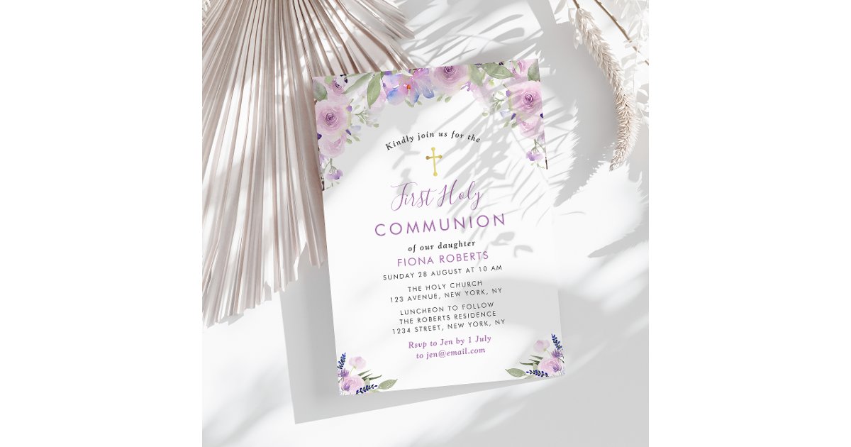 lavender purple flowers first holy communion invitation | Zazzle