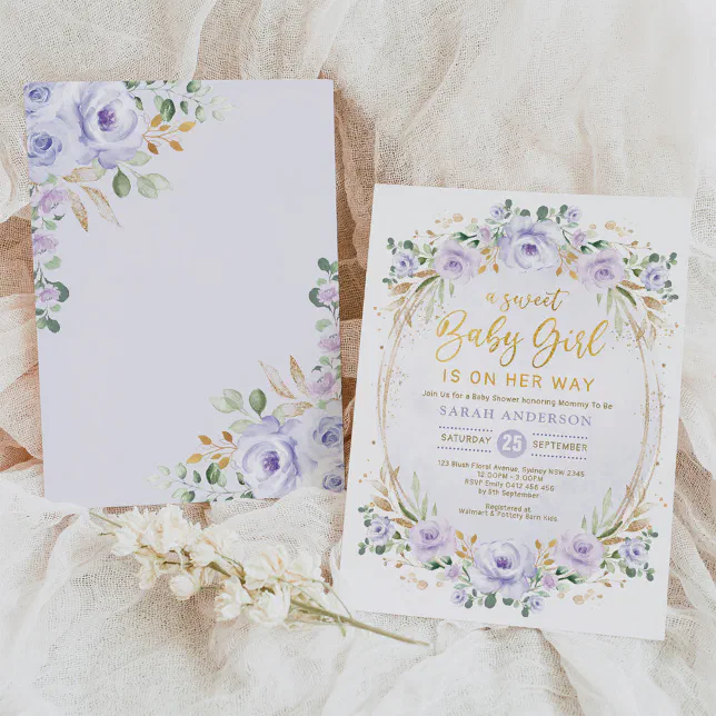 Lavender Purple Gold Floral Baby Girl Shower Invitation | Zazzle