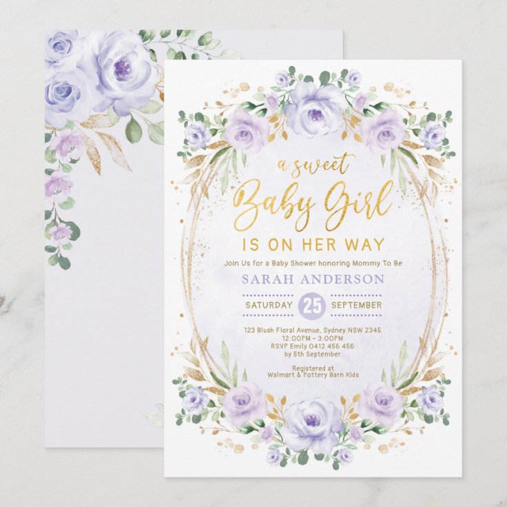 Lavender Purple Gold Floral Baby Girl Shower Invitation | Zazzle