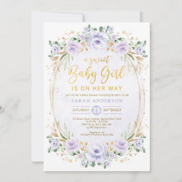 Lavender Purple Gold Floral Baby Girl Shower Invitation | Zazzle