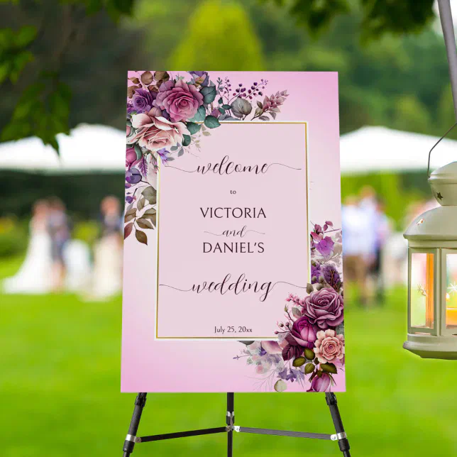 Lavender purple pink roses wedding welcome sign | Zazzle