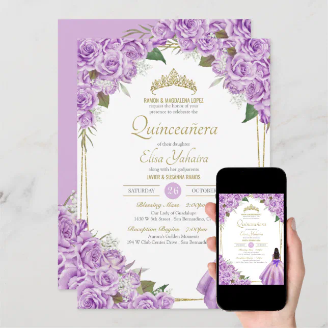 Lavender Purple Quinceanera Elegant Rose Floral Invitation | Zazzle