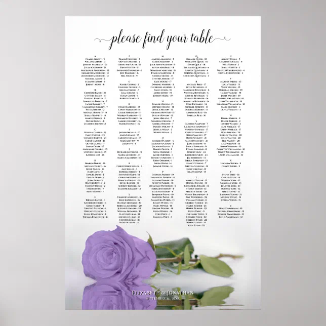 Lavender Purple Rose Alphabetical Seating Chart | Zazzle