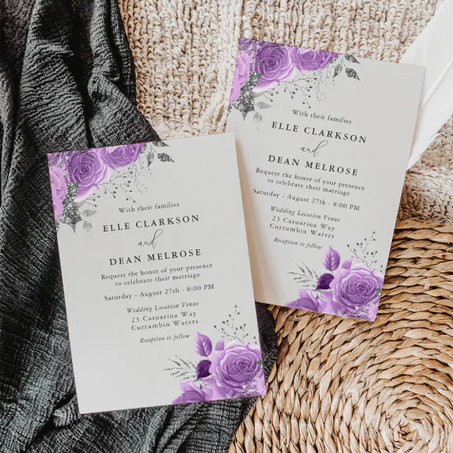 Lavender Purple & Silver Floral Elegant Wedding Invitation | Zazzle