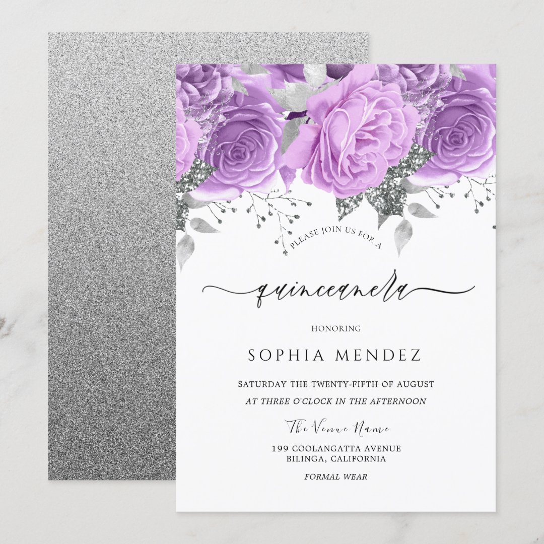 Lavender Purple Silver Floral Sparkle Quinceanera Invitation | Zazzle