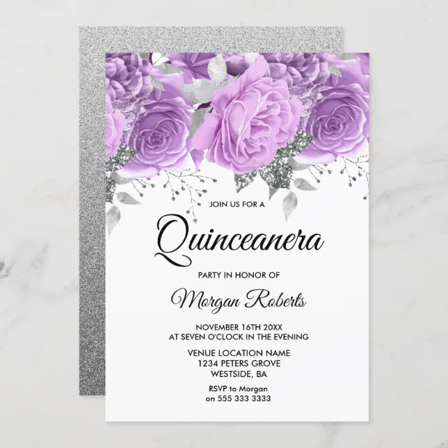 Lavender Purple Silver Floral Sparkle Quinceanera Invitation | Zazzle