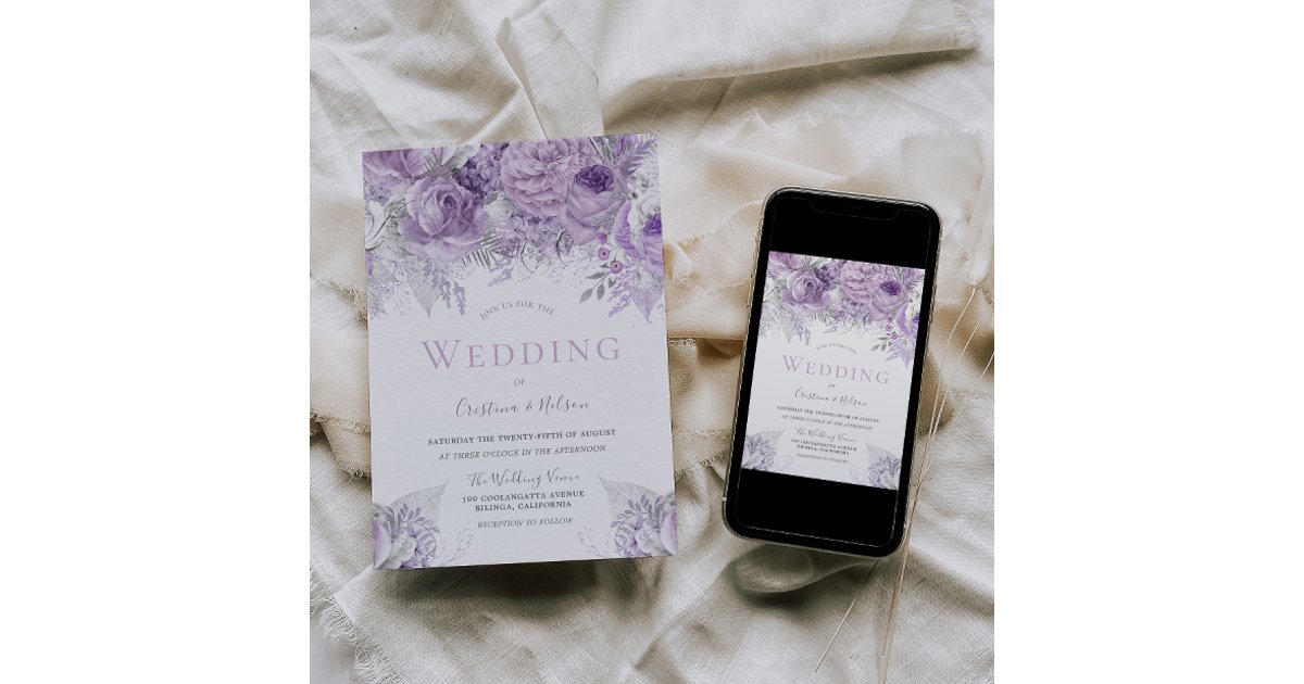 Lavender Purple Silver floral Wedding Invitation | Zazzle