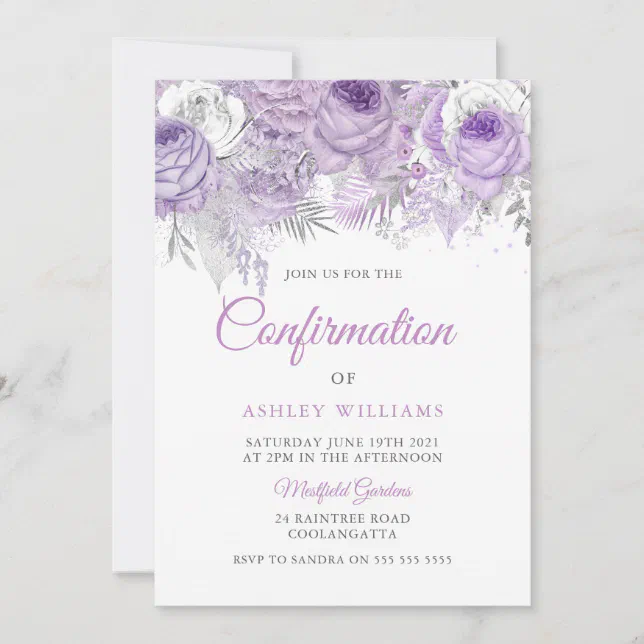 Lavender Purple Sparkle Floral Confirmation Invitation | Zazzle