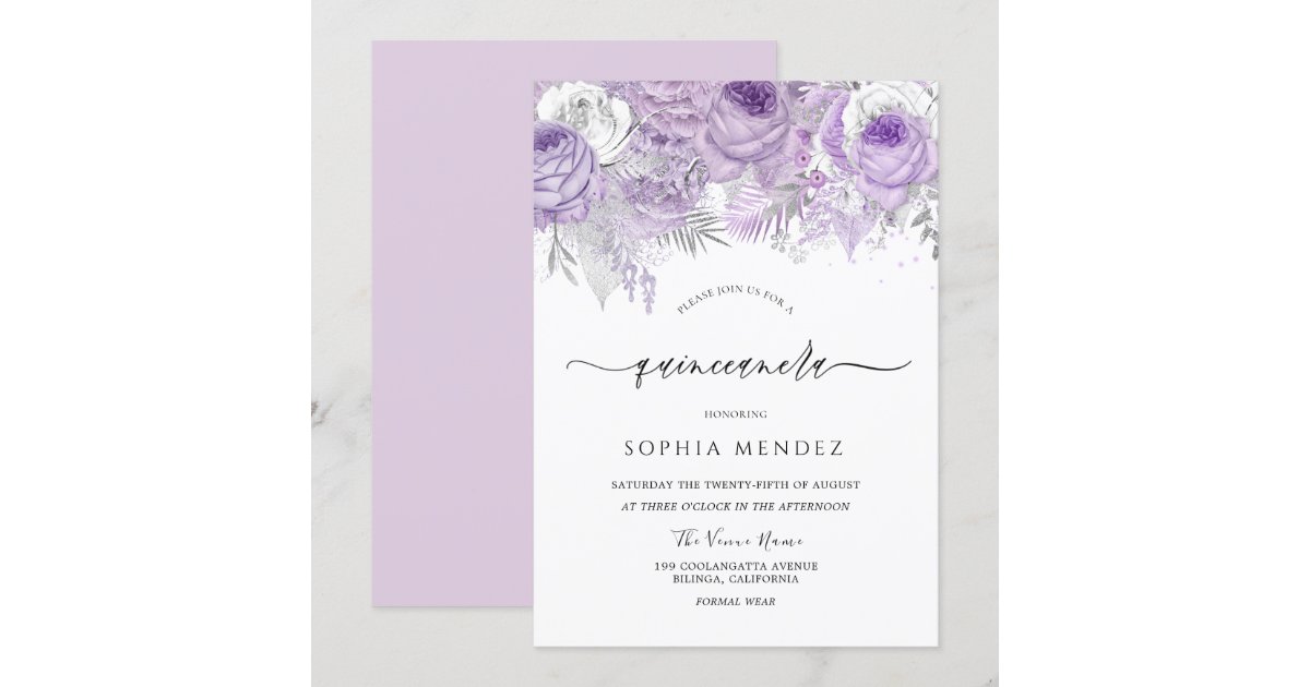 Lavender Purple Sparkle Floral Quinceanera Party Invitation | Zazzle