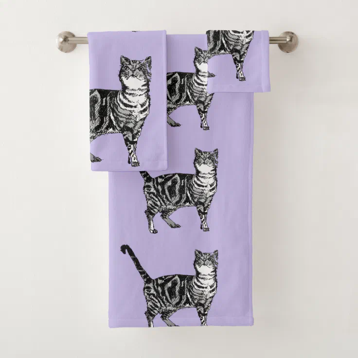 Lavender Purple Tabby Cat Cats Girls Art Towel Set | Zazzle
