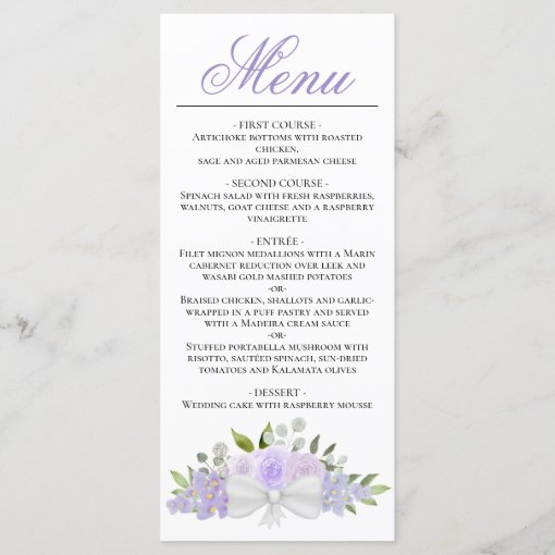 Lavender Purple Watercolor Floral Elegant Wedding Menu | Zazzle