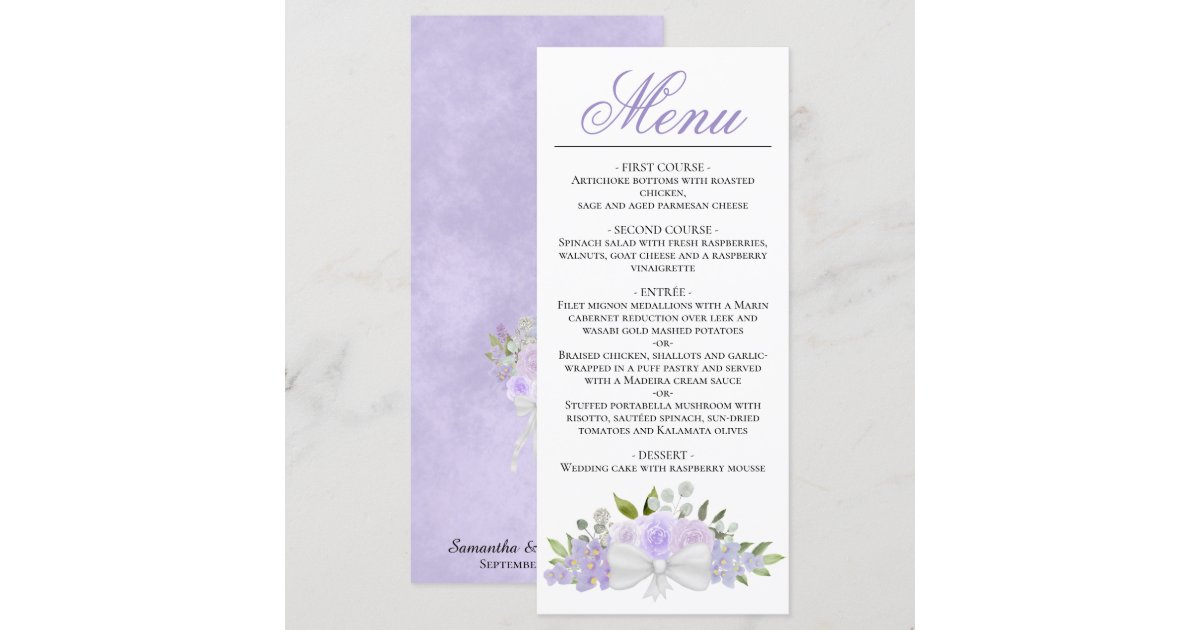 Lavender Purple Watercolor Floral Elegant Wedding Menu | Zazzle