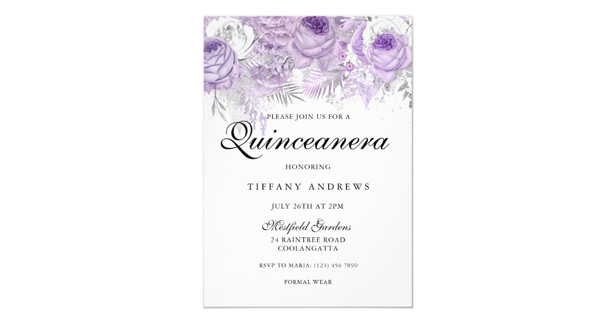 Lavender Purple White Silver Flowers Quinceanera Invitation | Zazzle.com