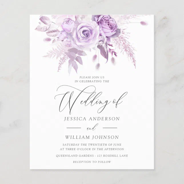 Lavender Rose Floral Budget Wedding Invitation | Zazzle