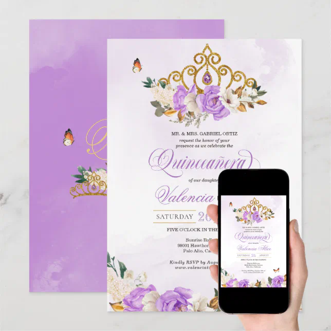 Lavender Roses Gold Tiara Purple Butterfly Quince Invitation | Zazzle