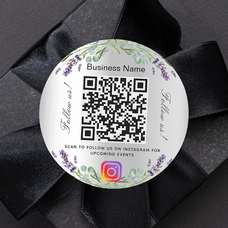 Lavender silver floral business qr code instagram classic round sticker ...
