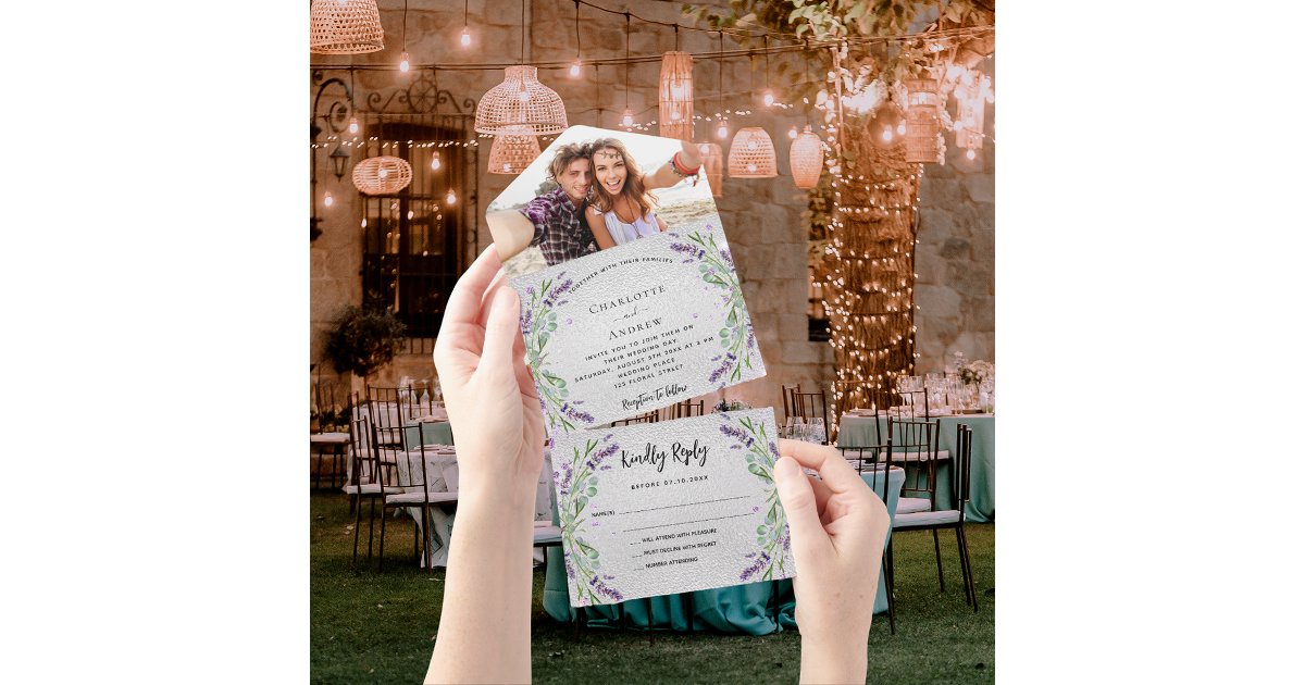 Lavender silver violet flowers photo wedding all in one invitation | Zazzle