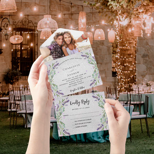 Lavender silver violet flowers photo wedding all in one invitation | Zazzle