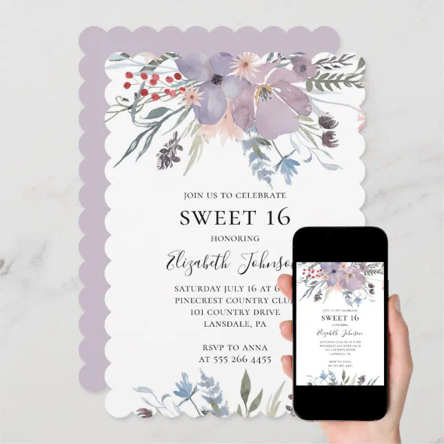 Lavender sweet 16. Purple floral 16th birthday Invitation | Zazzle