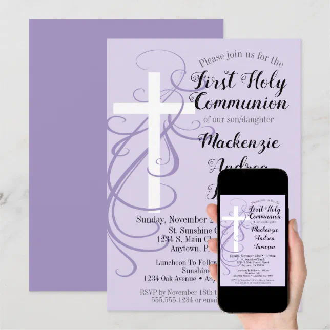 Lavender Swirl First Holy Communion Invitation | Zazzle