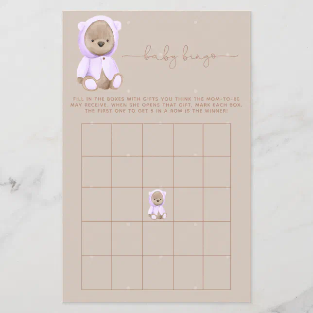 Lavender Teddy Bear Baby Shower Bingo Game Flyer | Zazzle