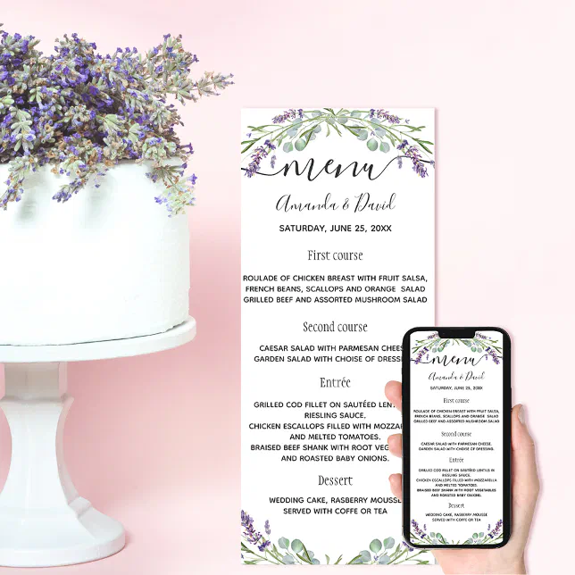 Lavender violet eucalyptus wedding menu card | Zazzle
