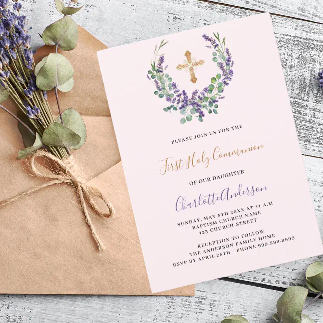 Lavender violet floral girl First Communion Invitation | Zazzle